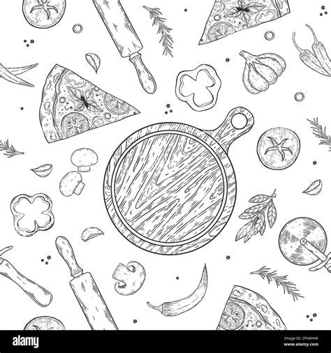 Pizza Ingredients Background Linear Graphic Tomato Garlic Basil