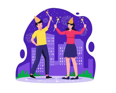 Premium Vector Happy New Year Concept With A Couple Is Playing Fireworks To Celebrate New Year