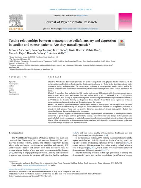 Pdf Testing Relationships Between Metacognitive Beliefs And Anxiety And Depression In Cardiac