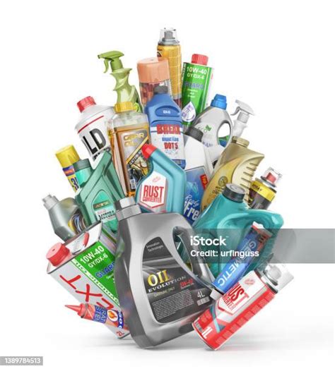 흰색 배경에 자동차 유지 보수 제품의 다른 병 오일 세제 및 윤활유 3d 일러스트레이션 생활필수품에 대한 스톡 사진 및 기타 이미지 Istock