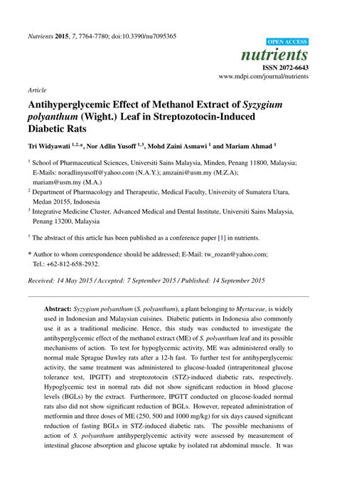 Pdf Antihyperglycemic Effect Of Methanol Extract Of Syzygium