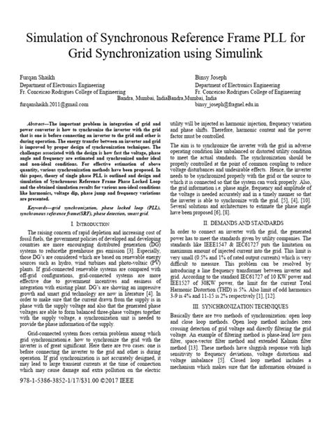 Simulation Of Synchronous Reference Frame Pll For Grid Synchronization Using Simulink Pdf