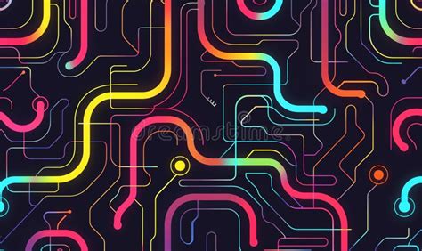 Abstract Neon Circuit Board With Colorful Lines And Shapes On A Black Background Stock