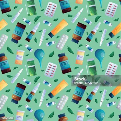 녹색 배경에 다양한 약을 묘사하는 완벽 한 패턴입니다 벡터 일러스트 레이 션 0명에 대한 스톡 벡터 아트 및 기타 이미지 0명 건강관리와 의술 그래픽 프린트 Istock