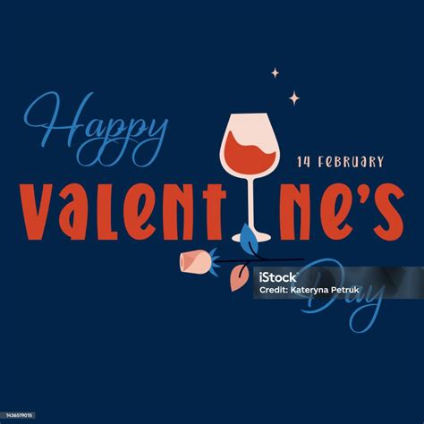 서예 문구 와인 한 잔 장미 별이있는 인사말 카드 발렌타인 데이 카드 낭만적 인 저녁 식사 날짜를위한 아름다운 초대장 배너 포스터 브로셔에 대한 벡터 플랫 일러스트 레이 션