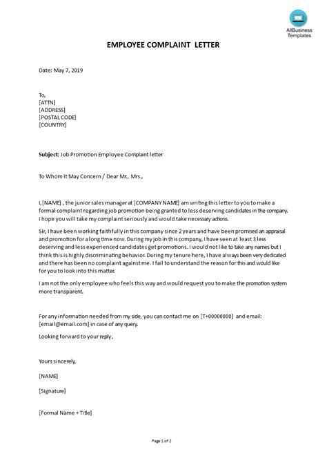 Job Promotion Employee Complaint Letter Templates At