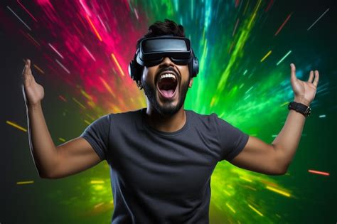 Premium Ai Image Smiling Man Gesturing While Using Virtual Reality
