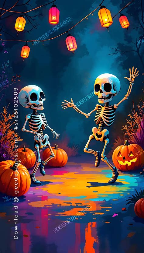 Funny Dancing Skeletons Halloween Image With Pumpkins Lanterns And Colorful Night Glow Free