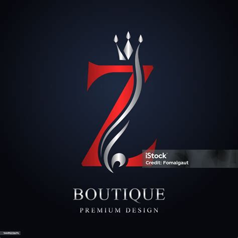 실버 크라운이 있는 레드 캐피탈 레트 Z 우아한 로얄 스타일 붓글씨 아름 다운 로고입니다 책 디자인 브랜드 이름 명함 레스토랑 부티크를 위한 빈티지 우아한 엠블럼 벡터