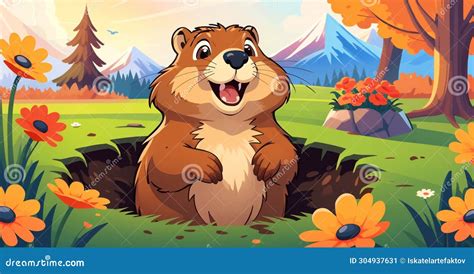 Happy Groundhog Day Ð Cheerful Brown Gopher Emerging From Its Burrow