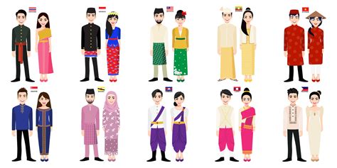 Set Of 20 Asian Men And Women Cartoon Characters In Traditional Costume
