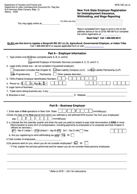 Form Nys 100 New York State Employer Registration For Unemployment