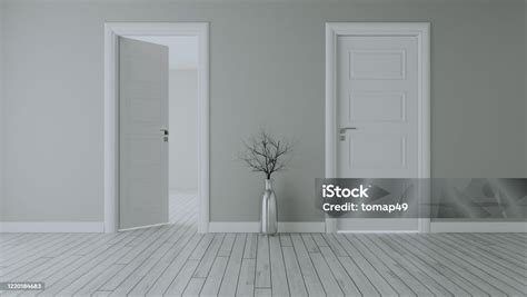 흰색 열린 문과 닫힌 문 현실적인 3d 렌더링 회색 벽 0명에 대한 스톡 사진 및 기타 이미지 0명 3차원 형태 개념 Istock