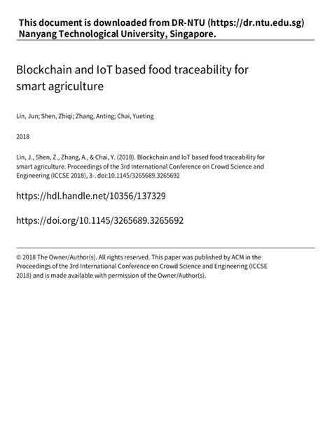 Blockchain And Iot Based Food Traceability For Smart Agriculture Pdf Internet Of Things