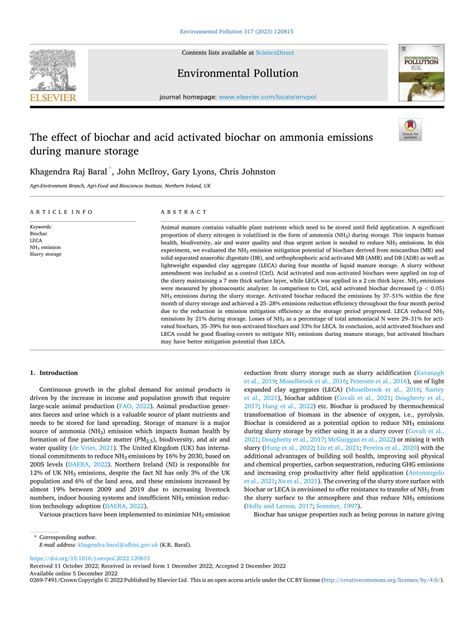 Pdf The Effect Of Biochar And Acid Activated Biochar On Ammonia Emissions During Manure Storage