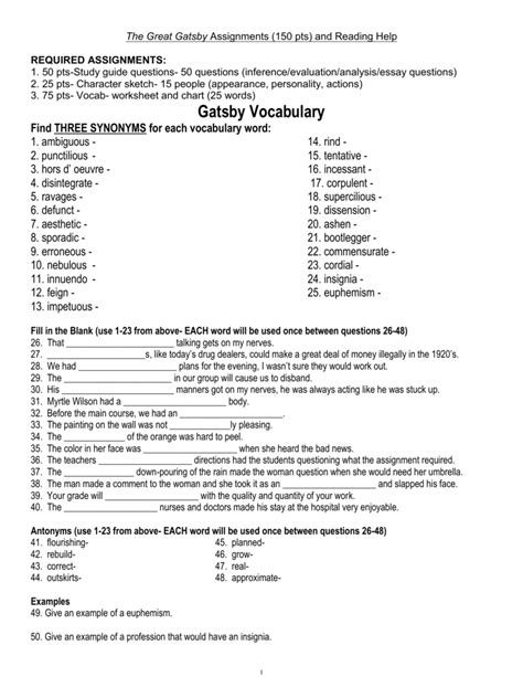 The Great Gatsby Assignments 150 Pts And Reading Help