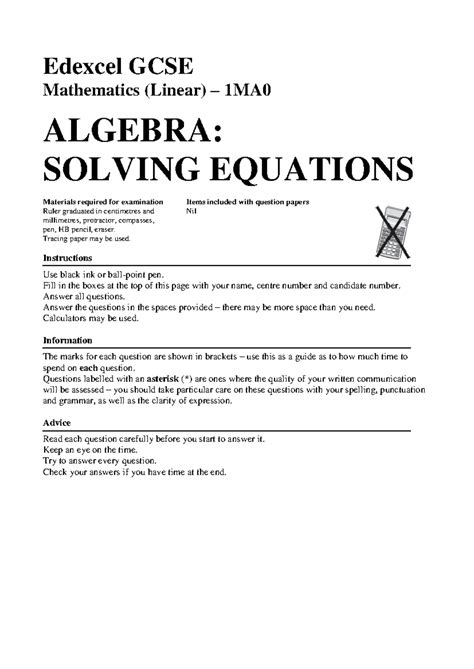 Algebraic Equations Edexcel Gcse Mathematics Linear 1ma Algebra Solving Equations