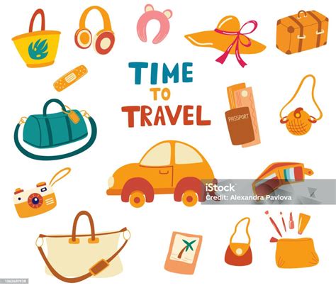 여행을위한 것들 휴가 와 휴가를위한 여행 물건 세트 다양한 수하물 가방 가방 화장품 옷 비행기를 타고 편안한 여행 손으로 그린 벡터 그림 가방에 대한 스톡 벡터 아트 및