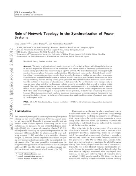 Pdf Role Of Network Topology In The Synchronization Of Power Systems