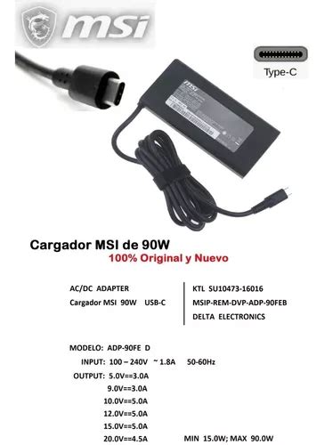 Cargador Laptop Msi Usb C 90w Adp 90fe D Nuevo Y Original Envío Gratis