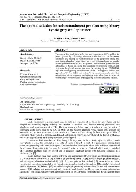 The Optimal Solution For Unit Commitment Problem Using Binary Hybrid Grey Wolf Optimizer Pdf