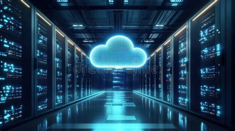 Futuristic Data Center With Glowing Servers And Seamless Cloud Integration Stock Illustration