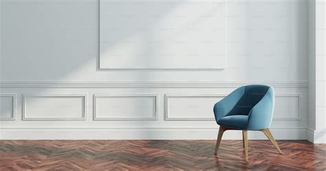 흰색 거실 인테리어에는 나무 바닥 파란색 안락의자 벽에 수평 포스터가 있습니다 3d 렌더링 모형 사진 Unsplash의 집 이미지