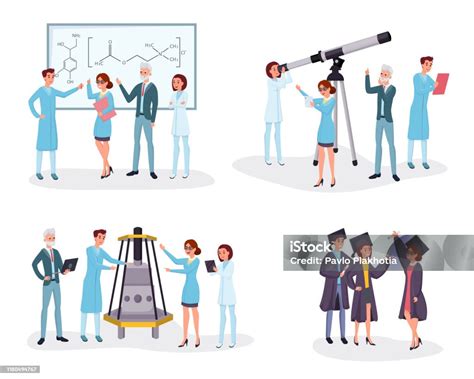 과학자와 졸업생 평면 그림 세트 대학생 화학자 천문학자 및 엔지니어팀 만화 캐릭터 전문 과학 및 학술 교육 개념 디자인 요소 과학자에 대한 스톡 벡터 아트 및 기타 이미지