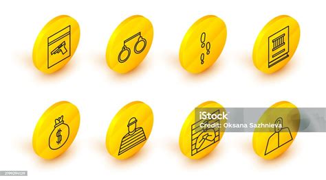 물음표 용의자 범죄자 죄수 돈 가방 법률 책 발자국 수갑 및 증거 권총 또는 총 아이콘이 있는 익명의 줄을 설정합니다 벡터 3차원 형태에 대한 스톡 벡터 아트 및 기타