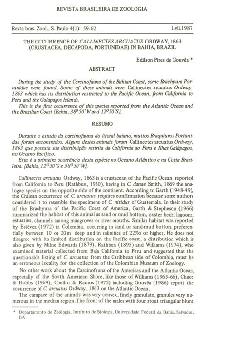 Pdf The Occurrence Of Callinectes Arcuatus Ordway 1863 Crustacea Decapoda Portunidae In