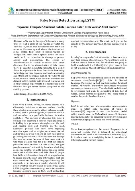 Pdf Irjet Fake News Detection Using Lstm