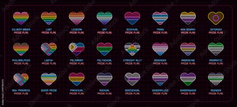 Pride Flags Complete Set Coloful Neon Heart Shapes Queer Pride Month