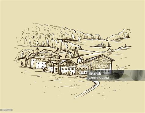 빈티지 시골 풍경 산에 마을 주택과 함께 손으로 그린 벡터 그림을 스케치합니다 여행 컨셉 0명에 대한 스톡 벡터 아트 및 기타
