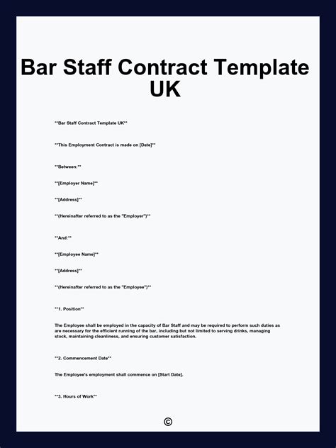 Bar Staff Contract Template Uk