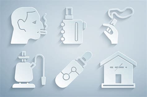 전자 담배 담배를 피우는 손 물 담뱃대 집에서 아니오 및 남자 아이콘을 설정합니다 벡터 3차원 형태에 대한 스톡 벡터 아트 및