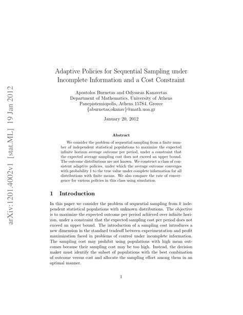 Pdf Adaptive Policies For Sequential Sampling Under Incomplete Information And A Cost Constraint