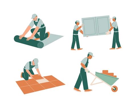 바닥 타일 벡터 일러스트 레이 션을 설치하는 노동자의 평면 아이콘 세트 프리미엄 벡터