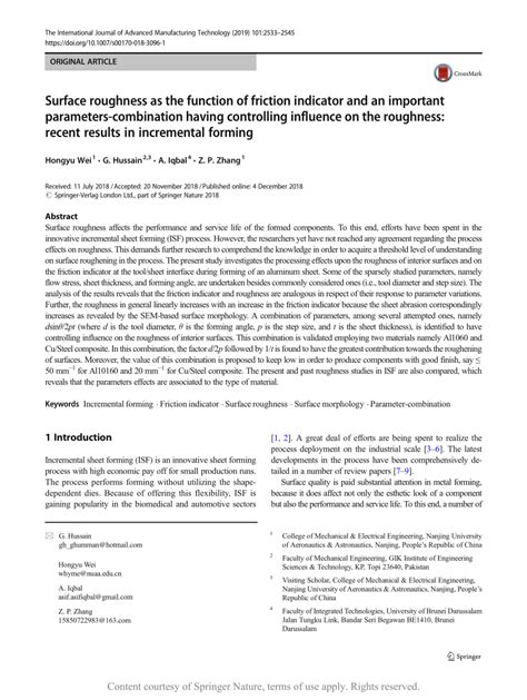 Surface Roughness As The Function Of Friction Indicator And An Important Parameters Combination
