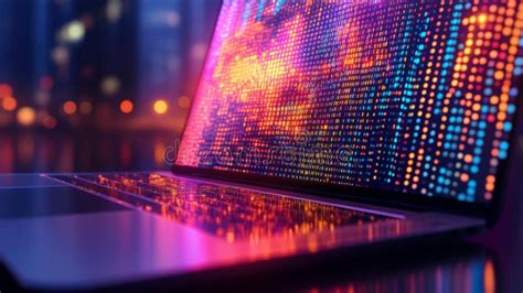 Laptop Displaying Colorful Data Visualization At Night Stock