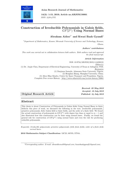 Pdf Construction Of Irreducible Polynomials In Galois Fields Gf 2 M Using Normal Bases