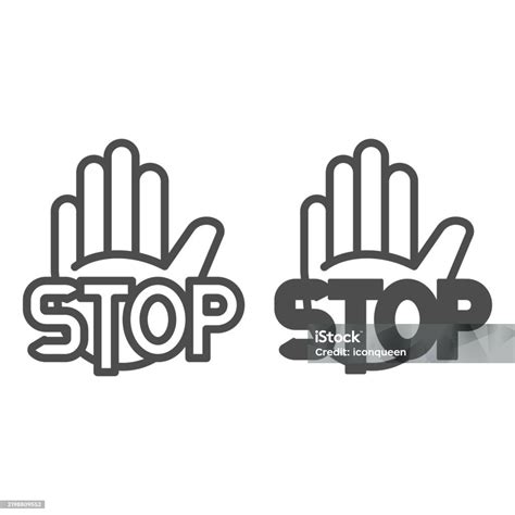 중지 텍스트 라인과 단색 아이콘이 있는 손바닥 전쟁 개념을 중지합니다 벡터 그래픽 흰색 배경에 항의 제스처 손 기호 모바일 또는 웹 디자인을위한 윤곽선 스타일 아이콘 0명에