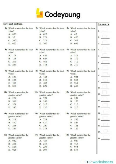 Comparison Of Decimals Concept Cw Interactive Worksheet Topworksheets
