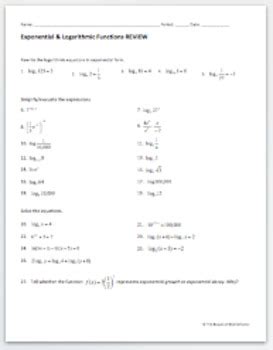 Exponential And Logarithmic Functions Test REVIEW By The Beauty Of Mathematics