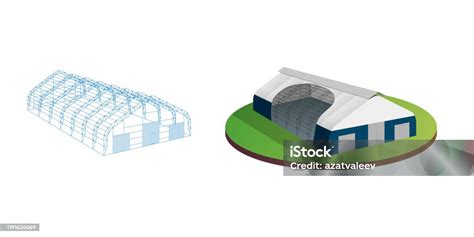 차양 타포린 텐트 임시 창고 전시 터널 홀 항공기 격납고 헛간 건설 건물 와이어 프레임입니다 클리어 컷 프레임 벡터 아이소메트릭 3d 일러스트레이션 모던 양식에 대한 스톡