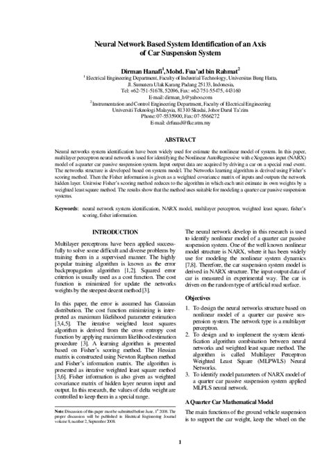 Pdf Neural Network Based System Identification Of An Axis Of Car Suspension System Dirman