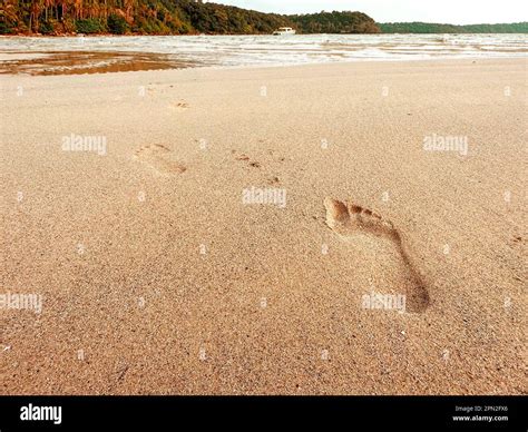 Leaving Footprint On The Sand Close Up Footprint From Foot Step