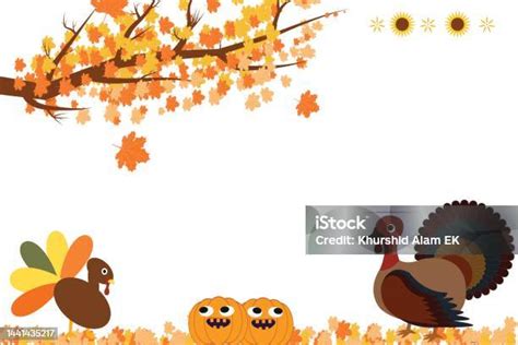 추수 감사절 단풍과 터키 암탉 옥수수 호박과 국경 추수 감사절 축제 배너 포스터 인사말 카드 텍스트 글자 추수 감사절 복사 공간 10월에 대한 스톡 벡터 아트 및 기타