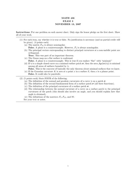 Past Exam 3 With Resolutions Differential Geometry I Math 436 Docsity
