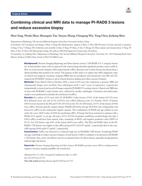 Pdf Combining Clinical And Mri Data To Manage Pi Rads 3 Lesions And