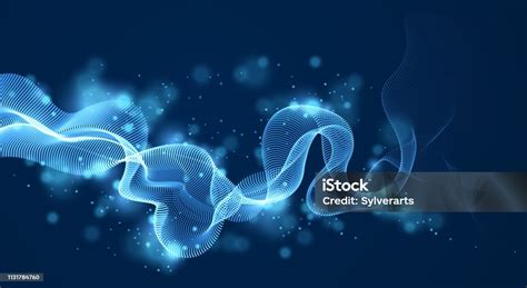 어두운 배경 동적 사운드 웨이브를 통해 흐르는 입자의 배열 3d 벡터 일러스트입니다 둥근 점 아름 다운 편안한 벽지 그림을 빛나는 메쉬 3차원 형태에 대한 스톡 벡터 아트